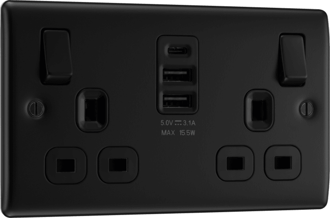 BG NFB22UAAC15B Double Switched Single pole Socket, with 2 x USB A and