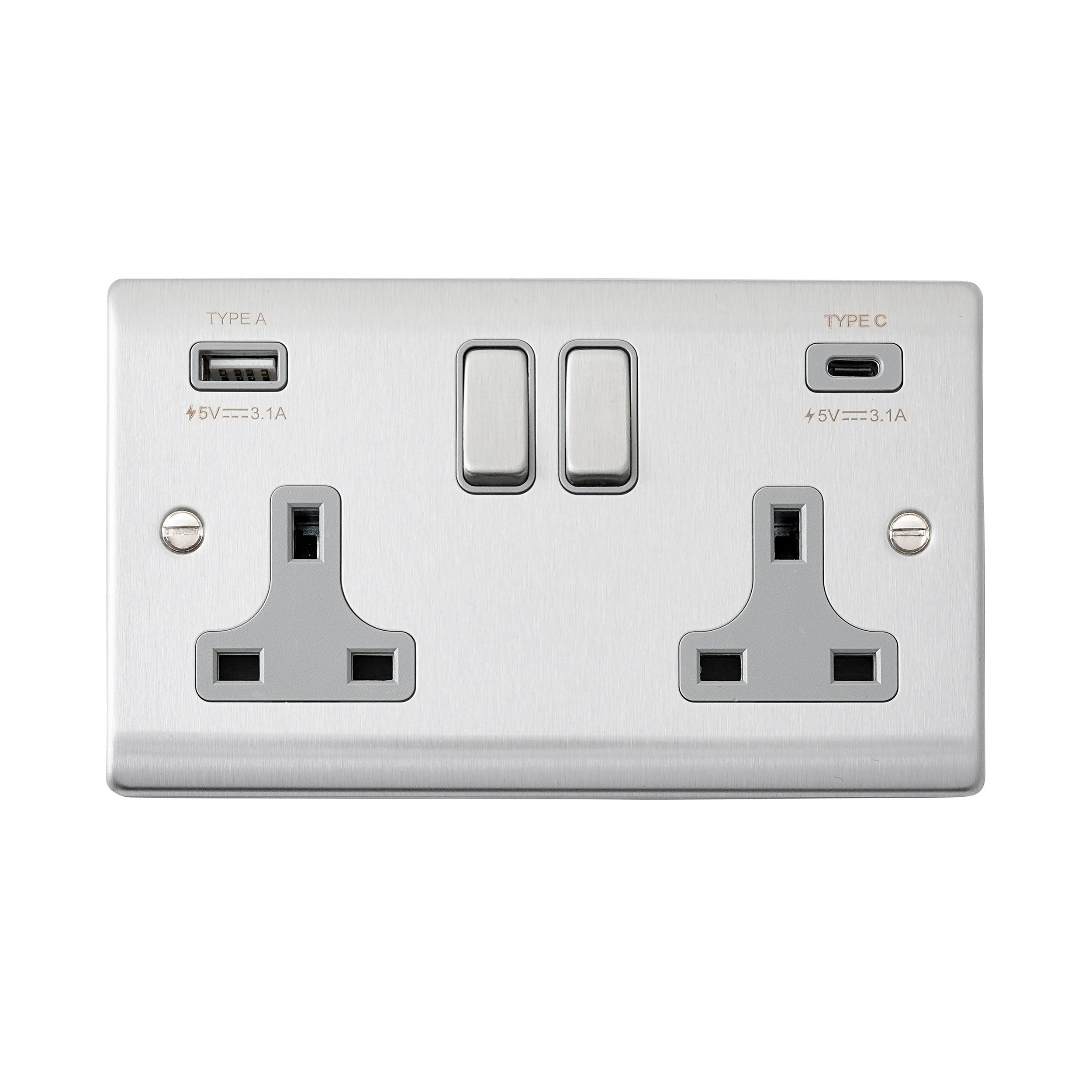 Saxby RS425BSG Raised Screwed 13A 2G DP Switched Socket with 15.5W USB