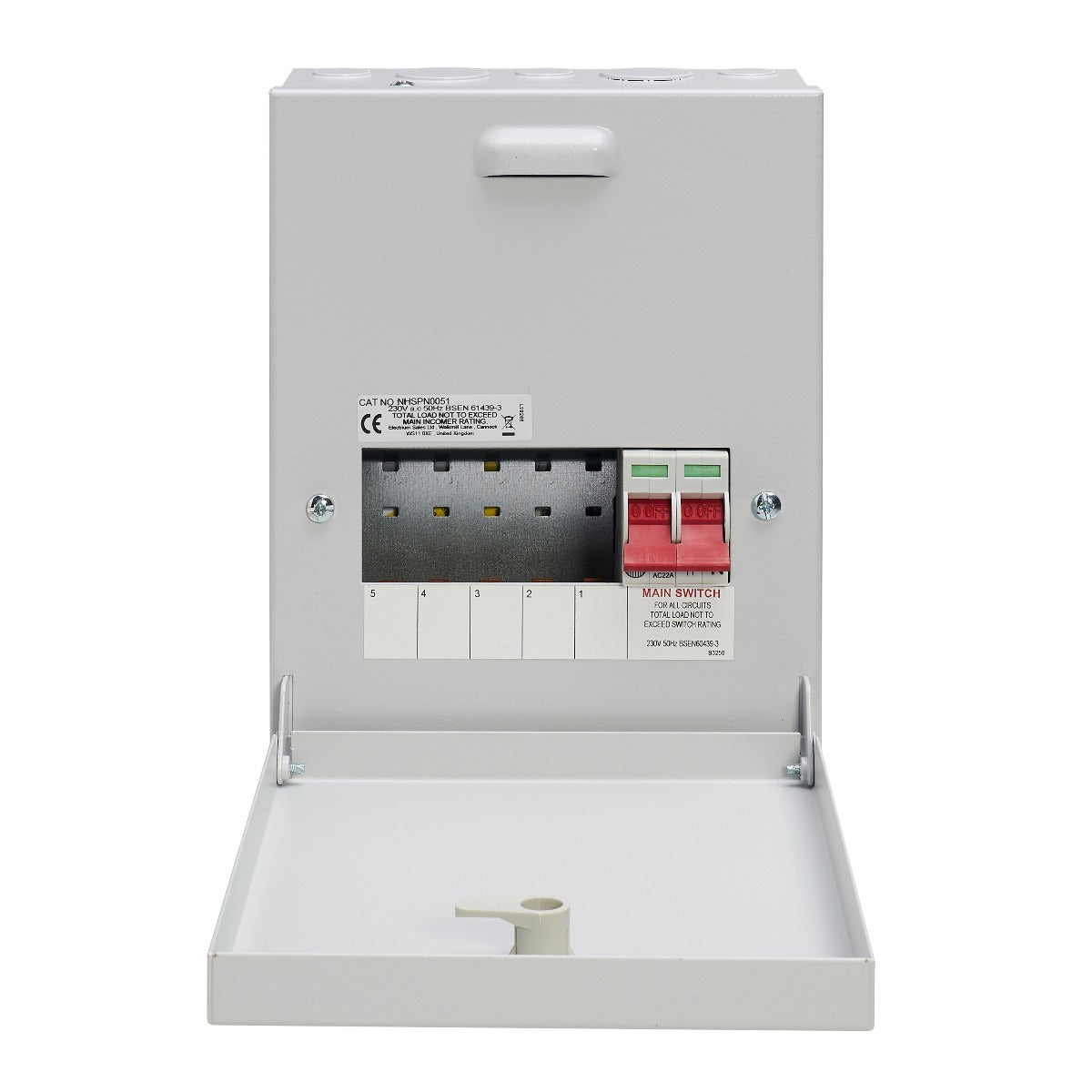 Wylex NHSPN0051L 5-Way 100A Surface 1P+N Distribution Board c-w Switch